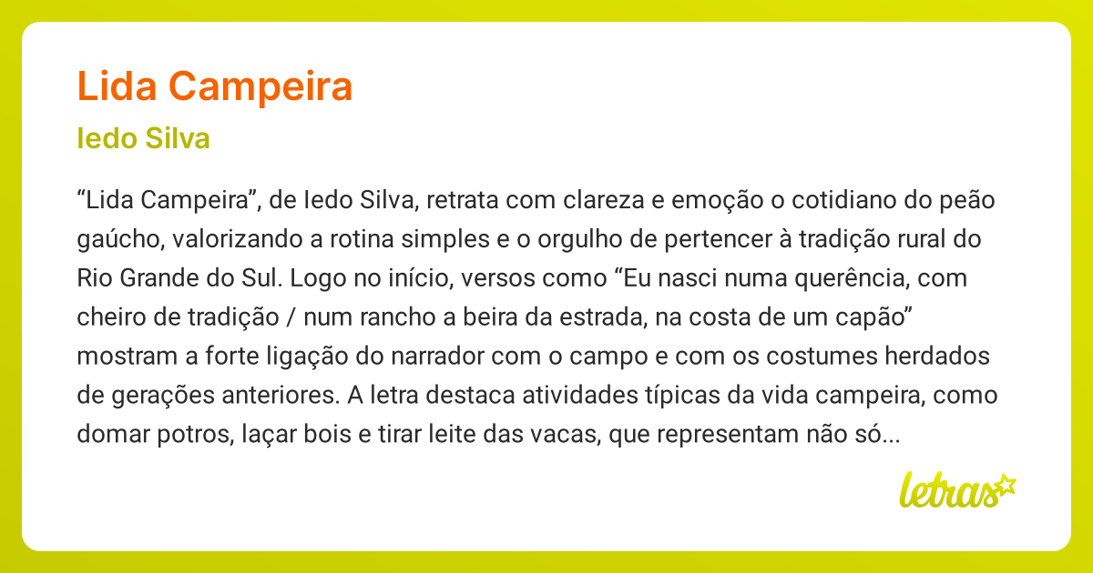 Significado da música LIDA CAMPEIRA (Iedo Silva) - LETRAS.MUS.BR