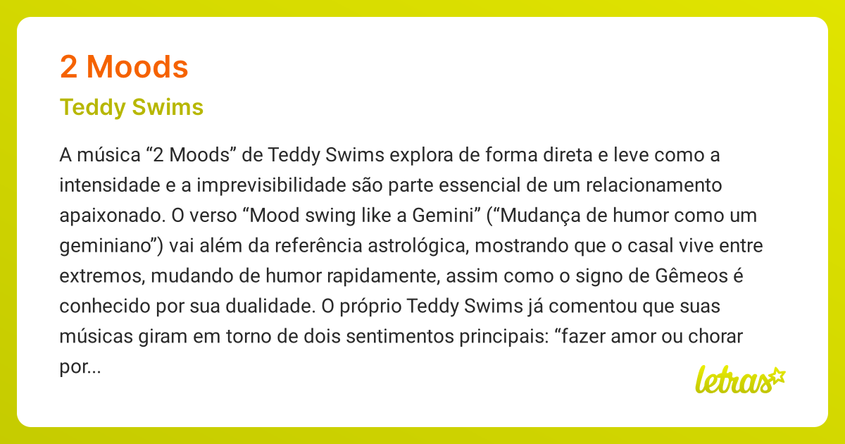 Significado da música 2 MOODS (Teddy Swims) - LETRAS.MUS.BR