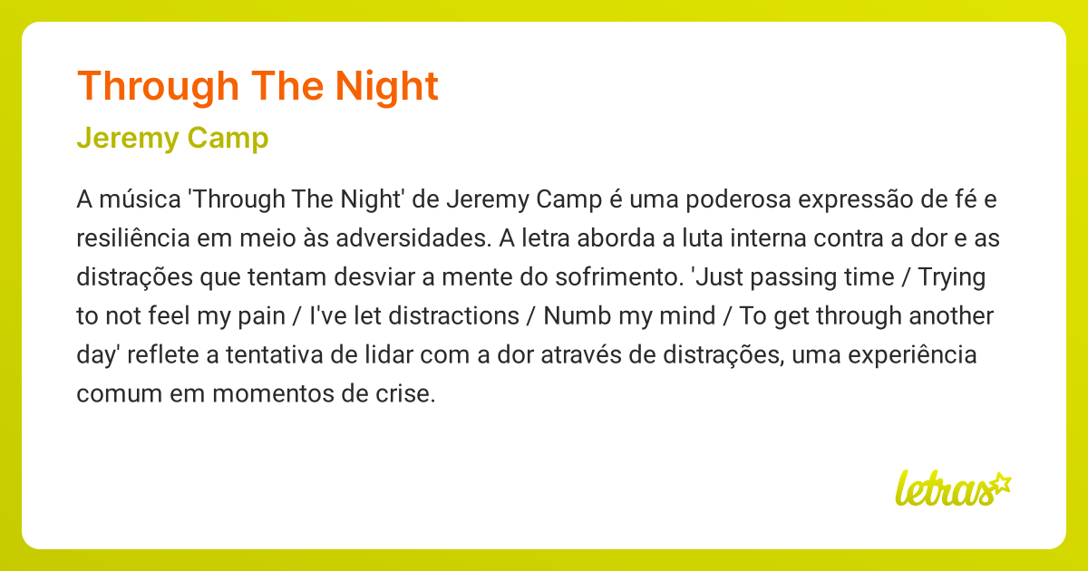 Significado da música THROUGH THE NIGHT (Jeremy Camp) - LETRAS.MUS.BR