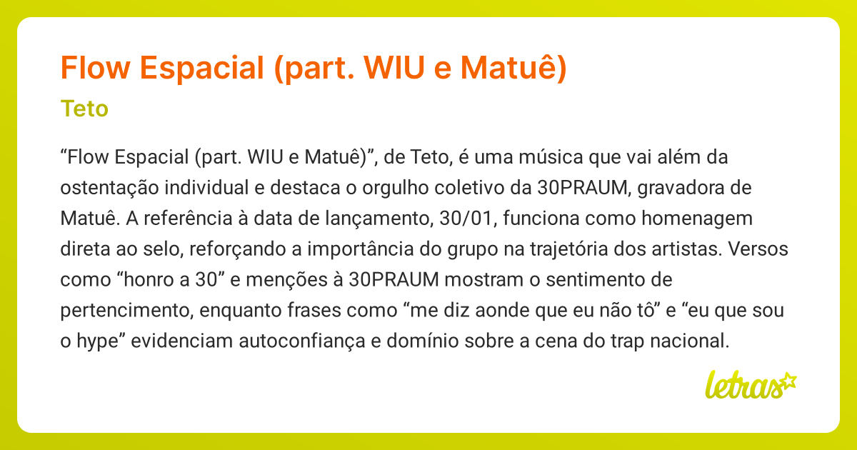 Significado da música Flow Espacial (part. WIU e Matuê) (Teto) - LETRAS ...