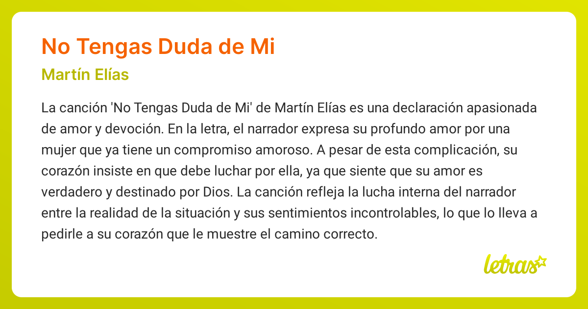 Significado de la canción NO TENGAS DUDA DE MI (Martín Elías) - LETRAS.COM