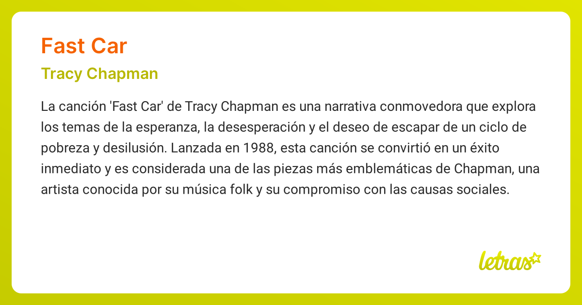 Significado de la canción FAST CAR (Tracy Chapman) - LETRAS.COM