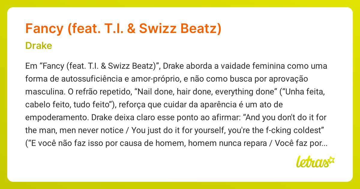 Significado da música Fancy (feat. T.I. & Swizz Beatz) (Drake) - LETRAS ...