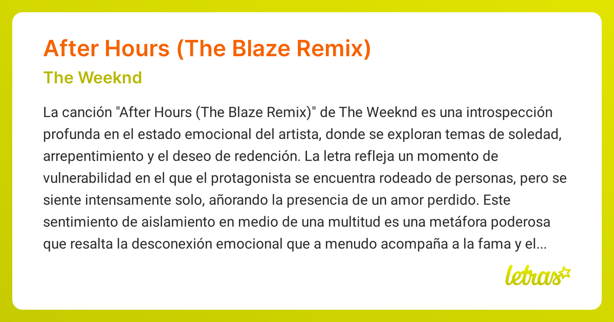 Significado de la canción AFTER HOURS (THE BLAZE REMIX) (The Weeknd ...