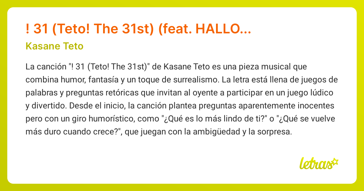 Significado de la canción 目撃! テト31世 (Teto! The 31st) (feat. HALLO CEL ...