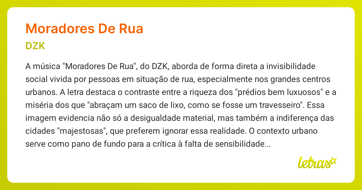 Significado da música MORADORES DE RUA (DZK) - LETRAS.MUS.BR
