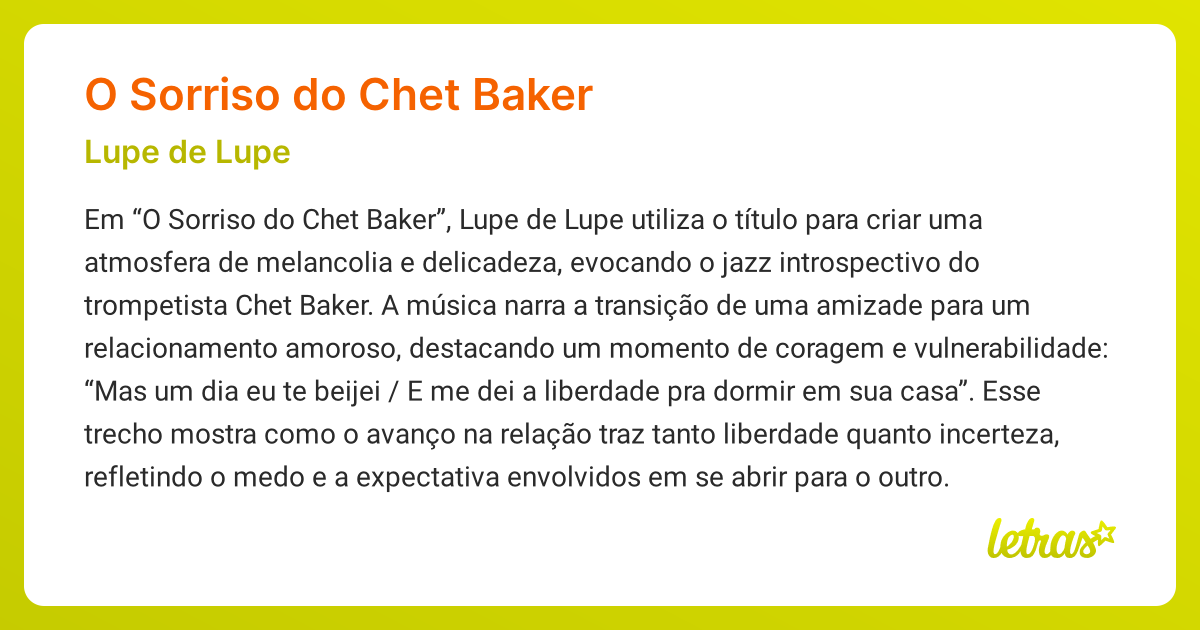 Significado da música O SORRISO DO CHET BAKER (Lupe de Lupe) - LETRAS ...