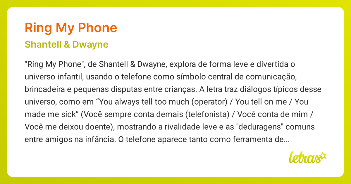 Significado da música RING MY PHONE (Shantell & Dwayne) - LETRAS.MUS.BR