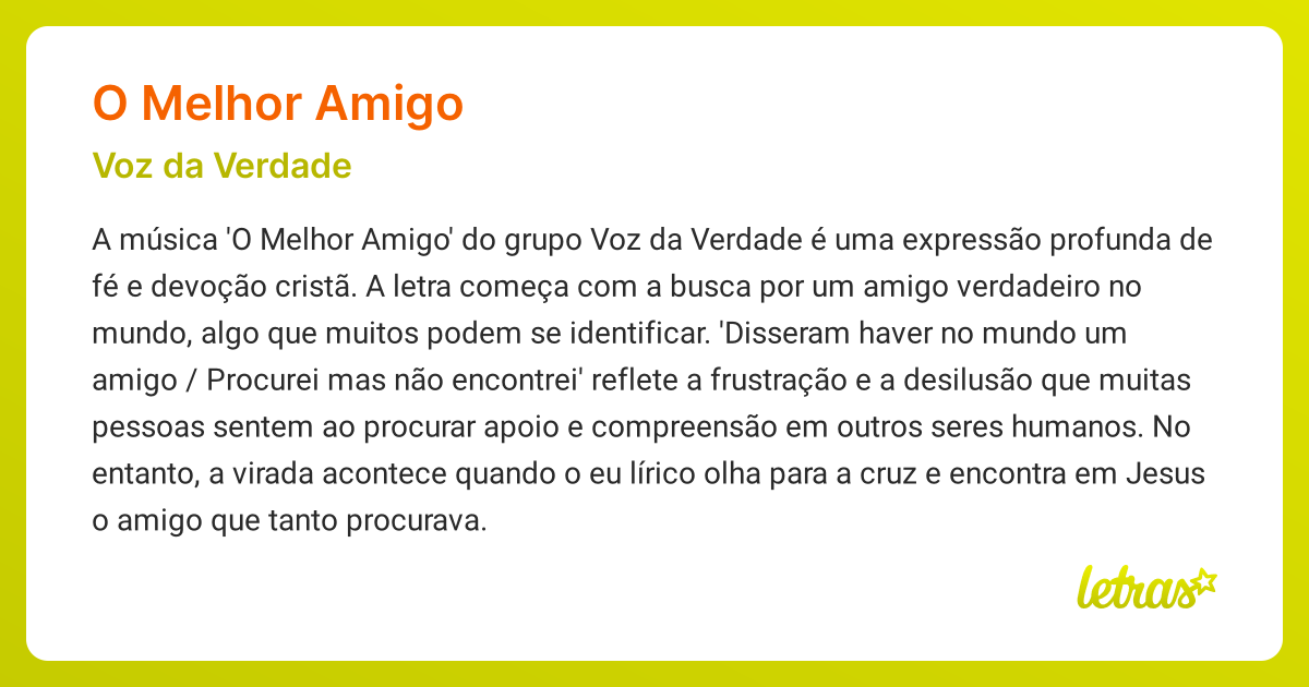 Significado da música O MELHOR AMIGO (Voz da Verdade) - LETRAS.MUS.BR