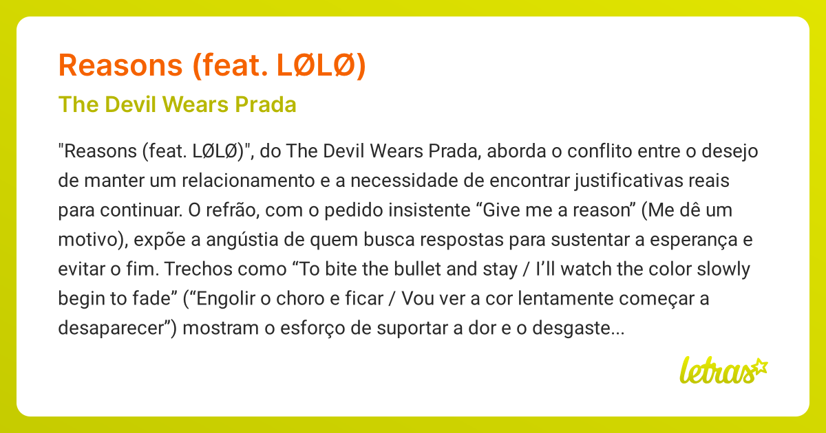 Significado da música REASONS (FEAT. LØLØ) (The Devil Wears Prada ...