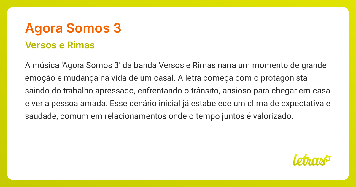 Significado da música AGORA SOMOS 3 (Versos e Rimas) - LETRAS.MUS.BR