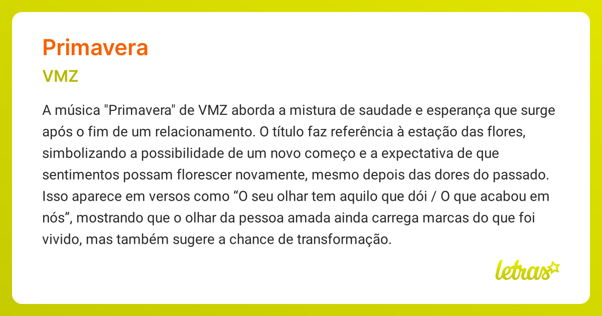 Significado da música PRIMAVERA (VMZ) - LETRAS.MUS.BR