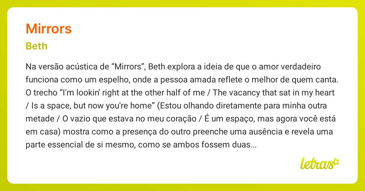Significado da música MIRRORS (Beth) - LETRAS.MUS.BR