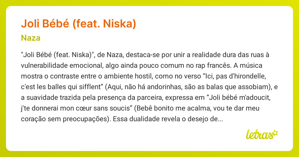 Significado da música JOLI BÉBÉ (FEAT. NISKA) (Naza) - LETRAS.MUS.BR