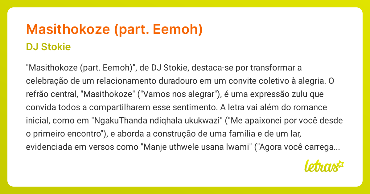 Significado da música MASITHOKOZE (PART. EEMOH) (DJ Stokie) - LETRAS.MUS.BR
