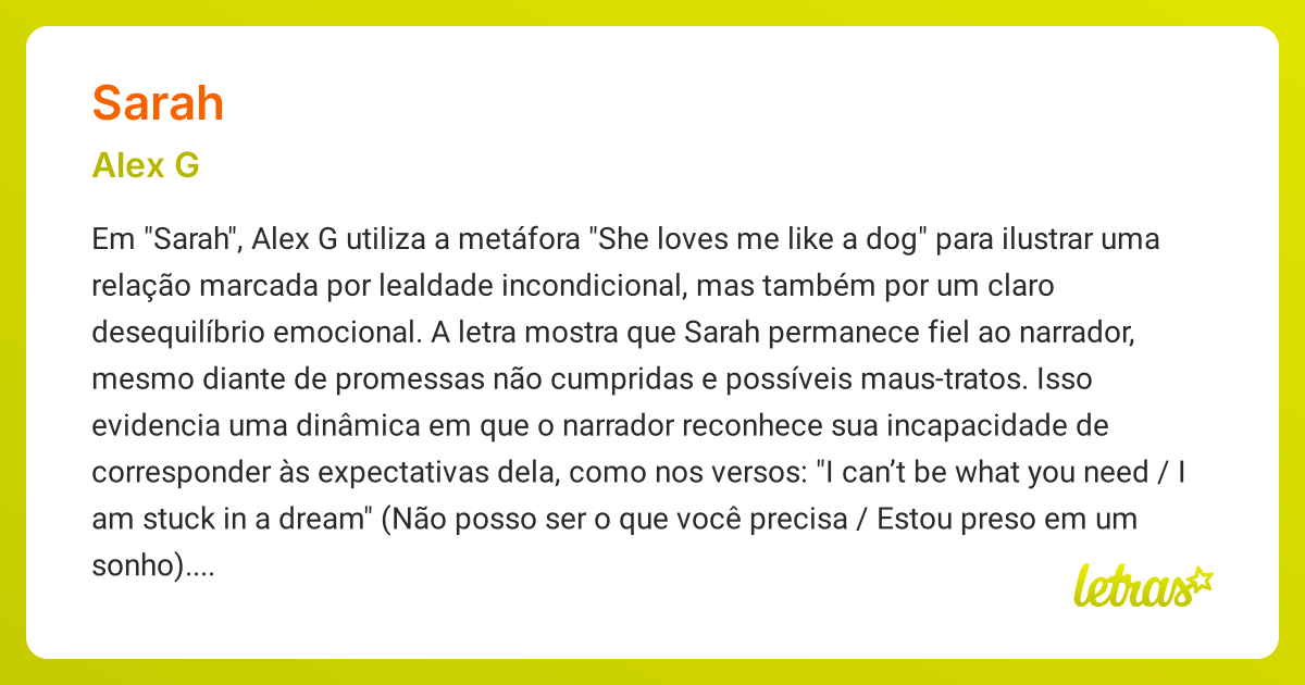 Significado da música SARAH (Alex G) - LETRAS.MUS.BR