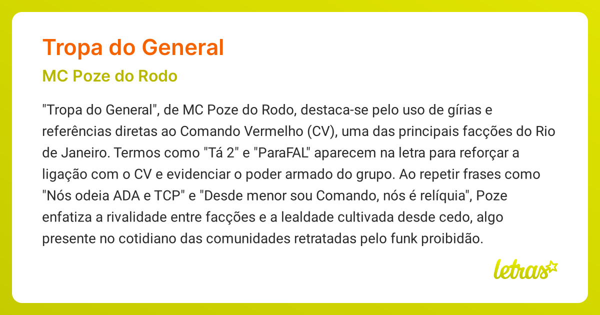 Significado da música TROPA DO GENERAL (MC Poze do Rodo) - LETRAS.MUS.BR