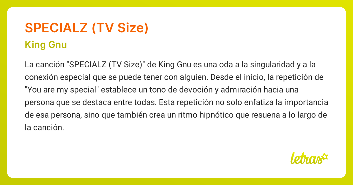 Significado de la canción SPECIALZ (TV SIZE) (King Gnu) - LETRAS.COM