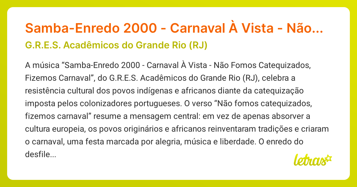 Significado da música Samba-Enredo 2000 - Carnaval À Vista - Não Fomos ...