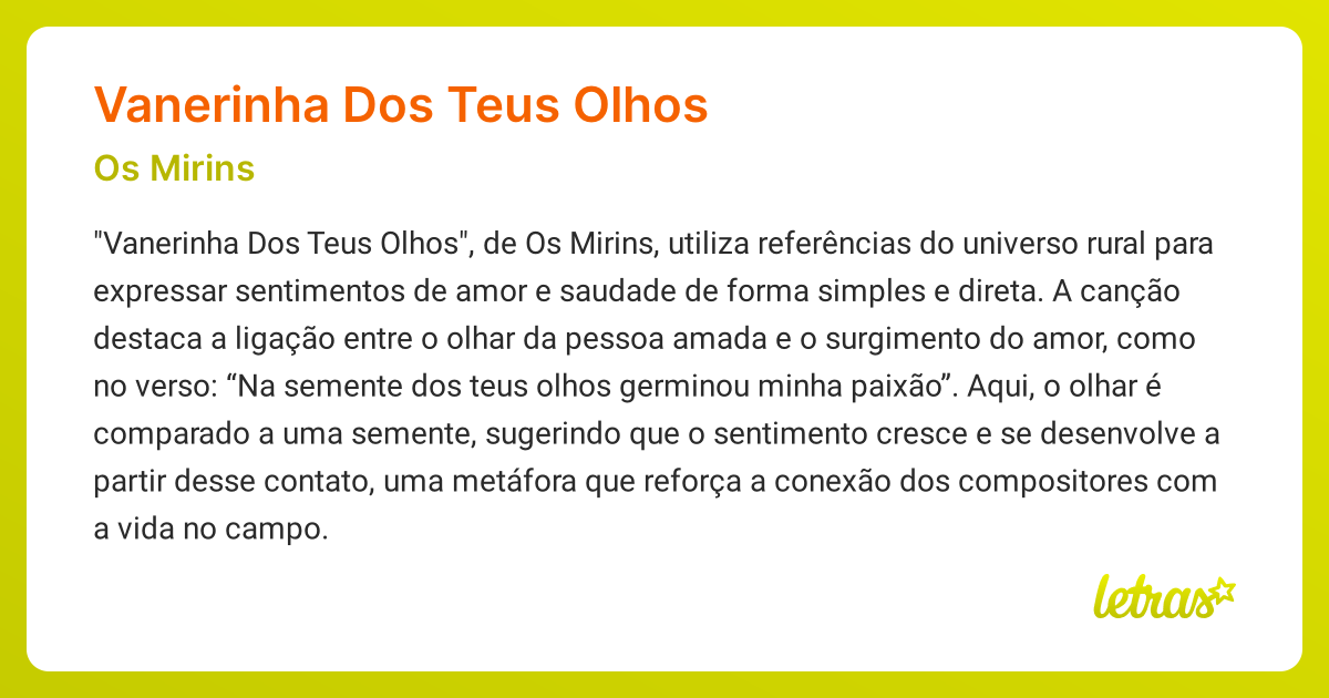 Significado da música VANERINHA DOS TEUS OLHOS (Os Mirins) - LETRAS.MUS.BR