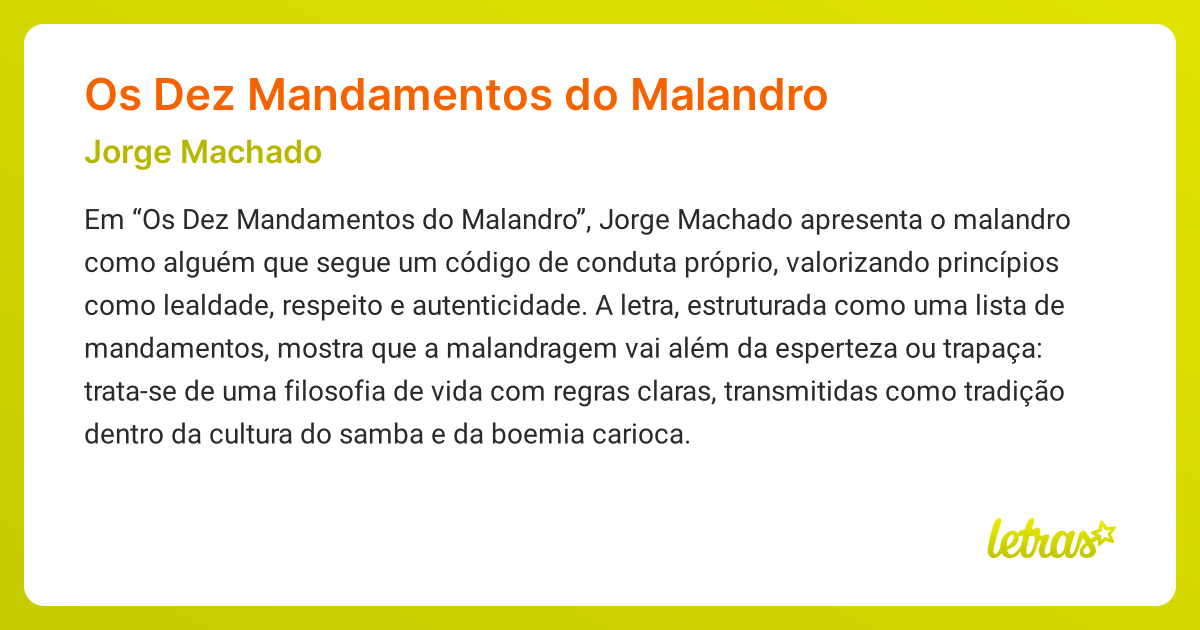 Significado da música OS DEZ MANDAMENTOS DO MALANDRO (Jorge Machado ...