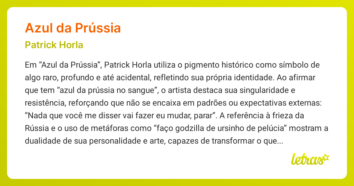 Significado da música AZUL DA PRÚSSIA (Patrick Horla) - LETRAS.MUS.BR