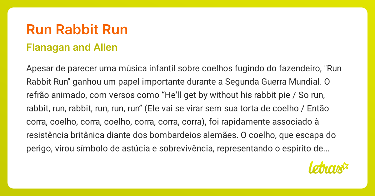 Significado da música RUN RABBIT RUN (Flanagan and Allen) - LETRAS.MUS.BR