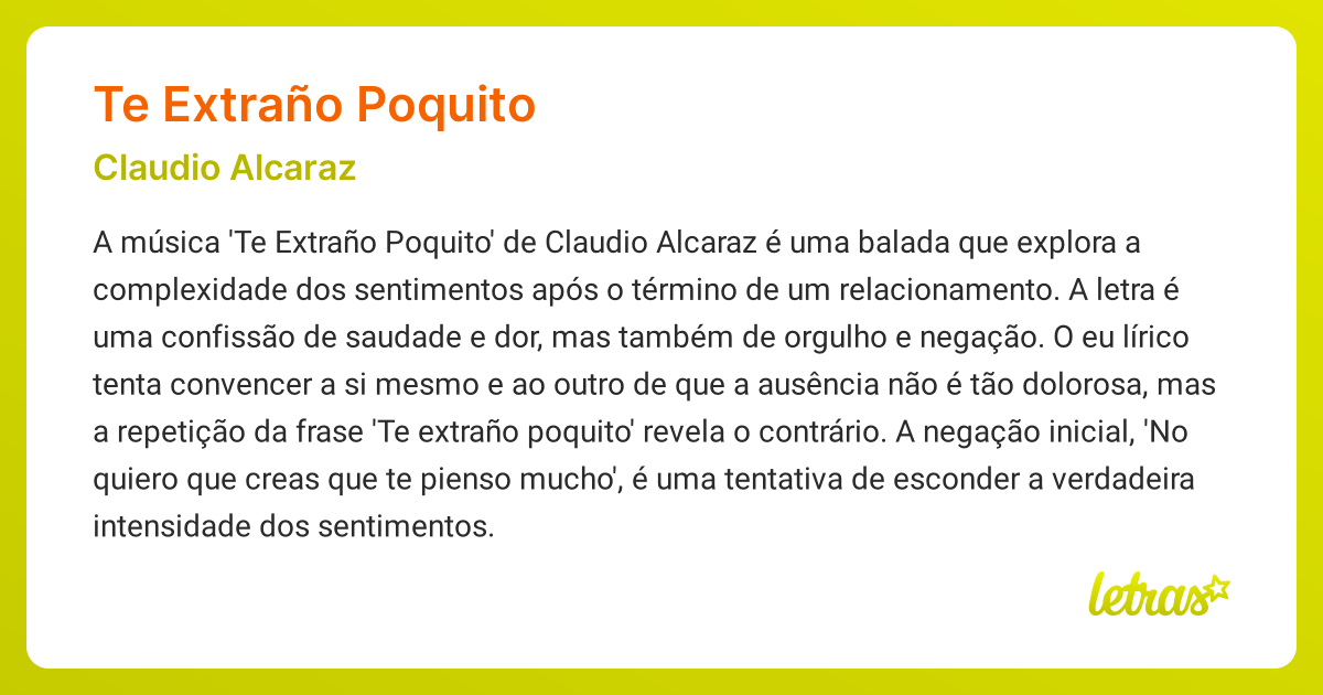 Significado da música TE EXTRAÑO POQUITO (Claudio Alcaraz) - LETRAS.MUS.BR