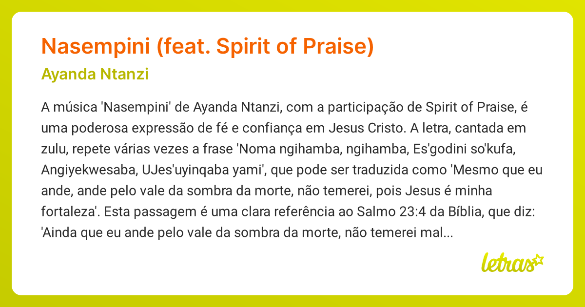 Significado da música Nasempini (feat. Spirit of Praise) (Ayanda Ntanzi ...