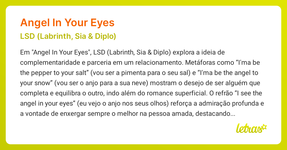 Significado da música ANGEL IN YOUR EYES (LSD (Labrinth, Sia & Diplo ...