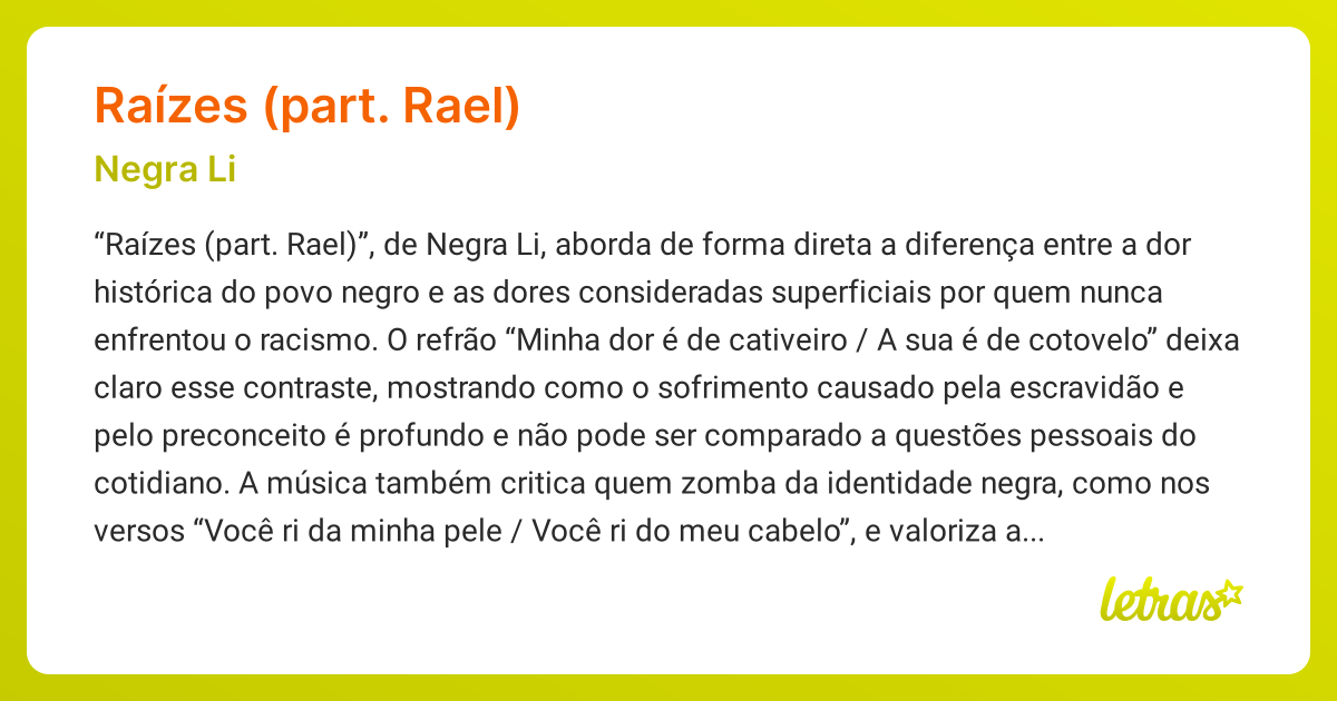 Significado da música RAÍZES (PART. RAEL) (Negra Li) - LETRAS.MUS.BR