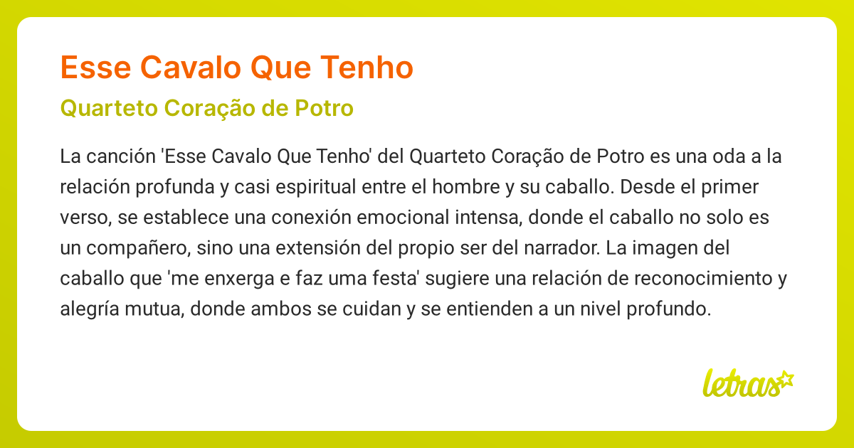 Significado de la canción ESSE CAVALO QUE TENHO (Quarteto Coração de ...