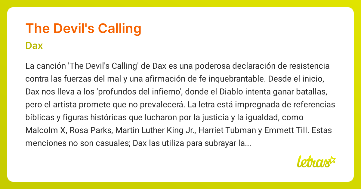 Significado de la canción THE DEVIL'S CALLING (Dax) - LETRAS.COM