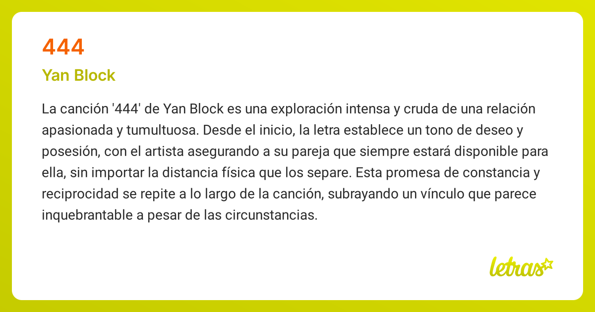 Significado de la canción 444 (Yan Block) - LETRAS.COM