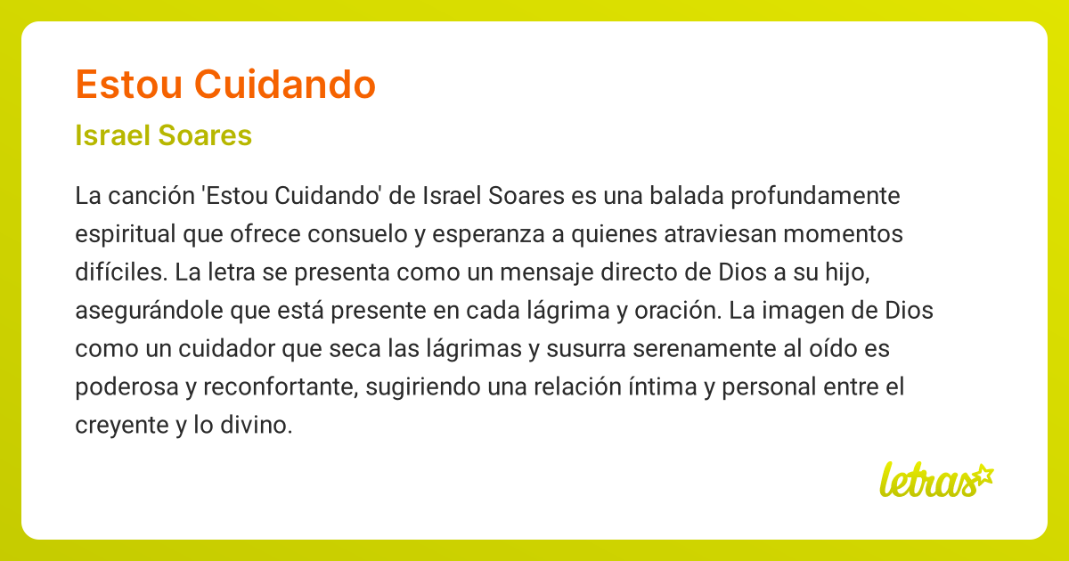 Significado de la canción ESTOU CUIDANDO (Israel Soares) - LETRAS.COM