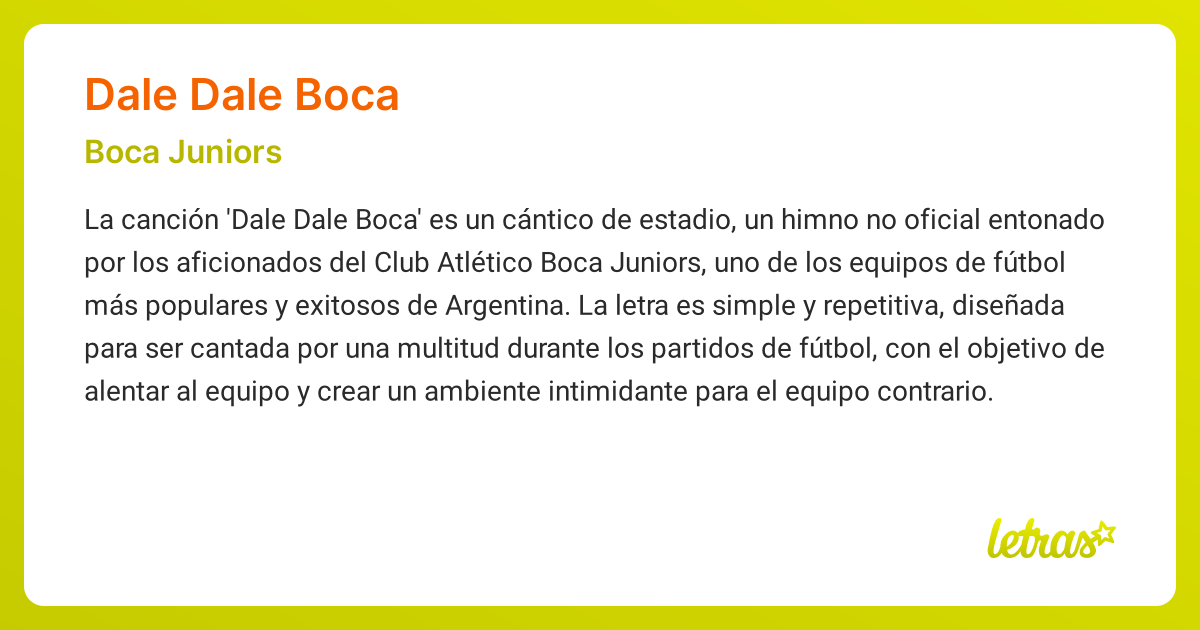 Significado de la canción DALE DALE BOCA (Boca Juniors) - LETRAS.COM