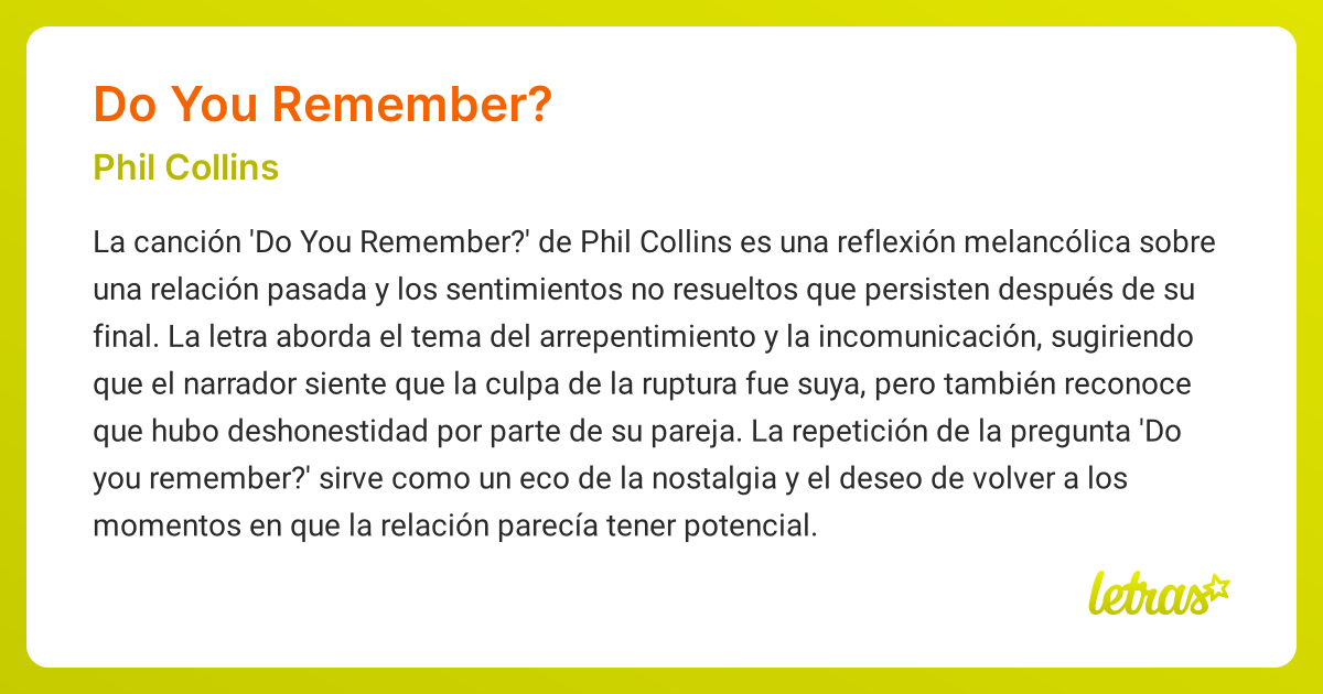 Significado de la canción DO YOU REMEMBER? (Phil Collins) - LETRAS.COM