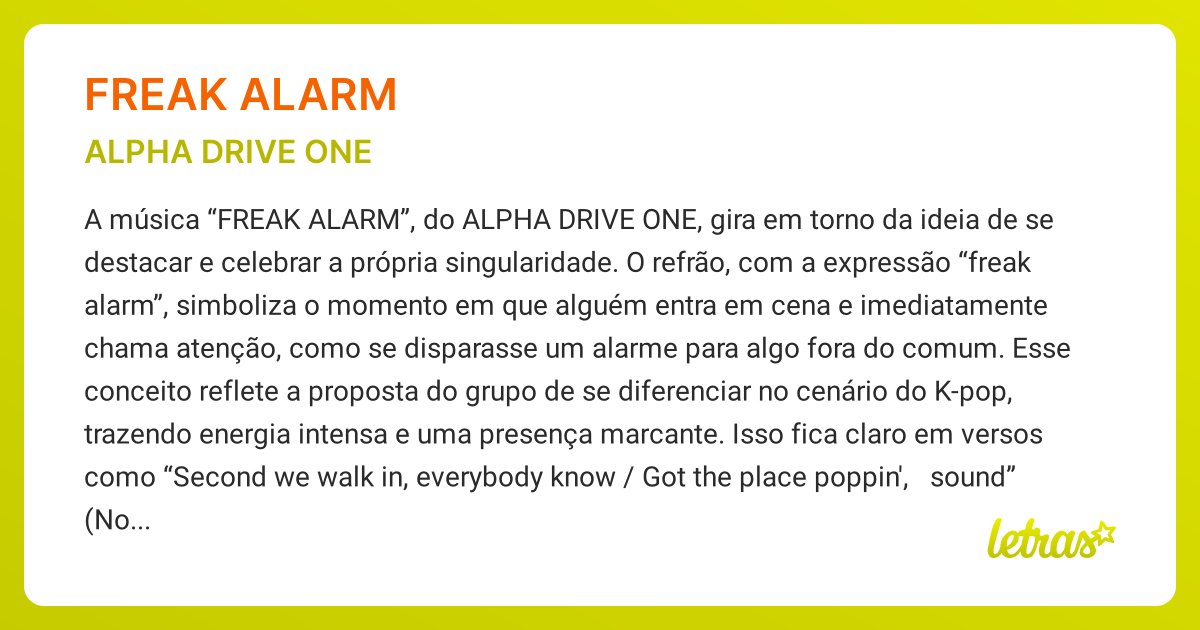 Significado da música FREAK ALARM (ALPHA DRIVE ONE) - LETRAS.MUS.BR