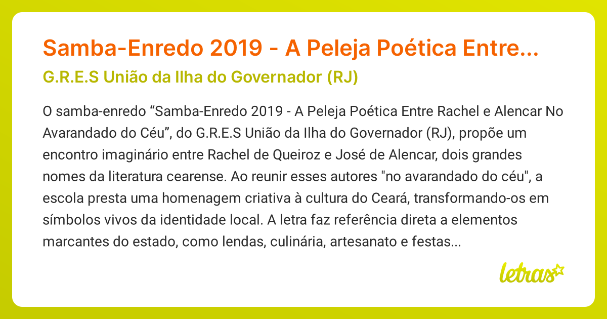 Significado da música Samba-Enredo 2019 - A Peleja Poética Entre Rachel ...
