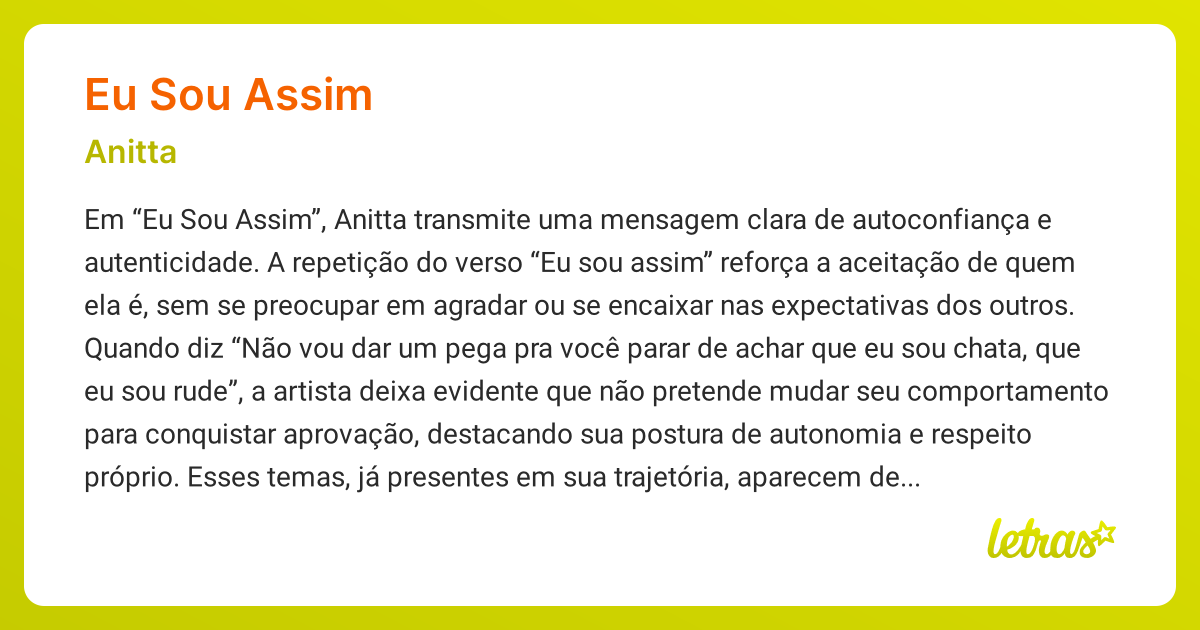 Significado da música EU SOU ASSIM (Anitta) - LETRAS.MUS.BR