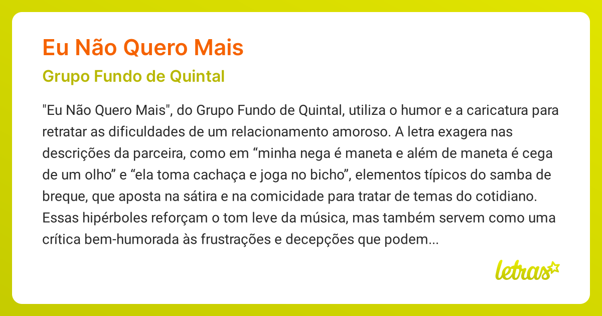 Significado da música EU NÃO QUERO MAIS (Grupo Fundo de Quintal ...