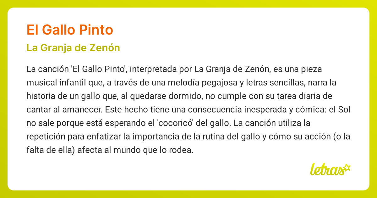 Significado de la canción EL GALLO PINTO (La Granja de Zenón) - LETRAS.COM