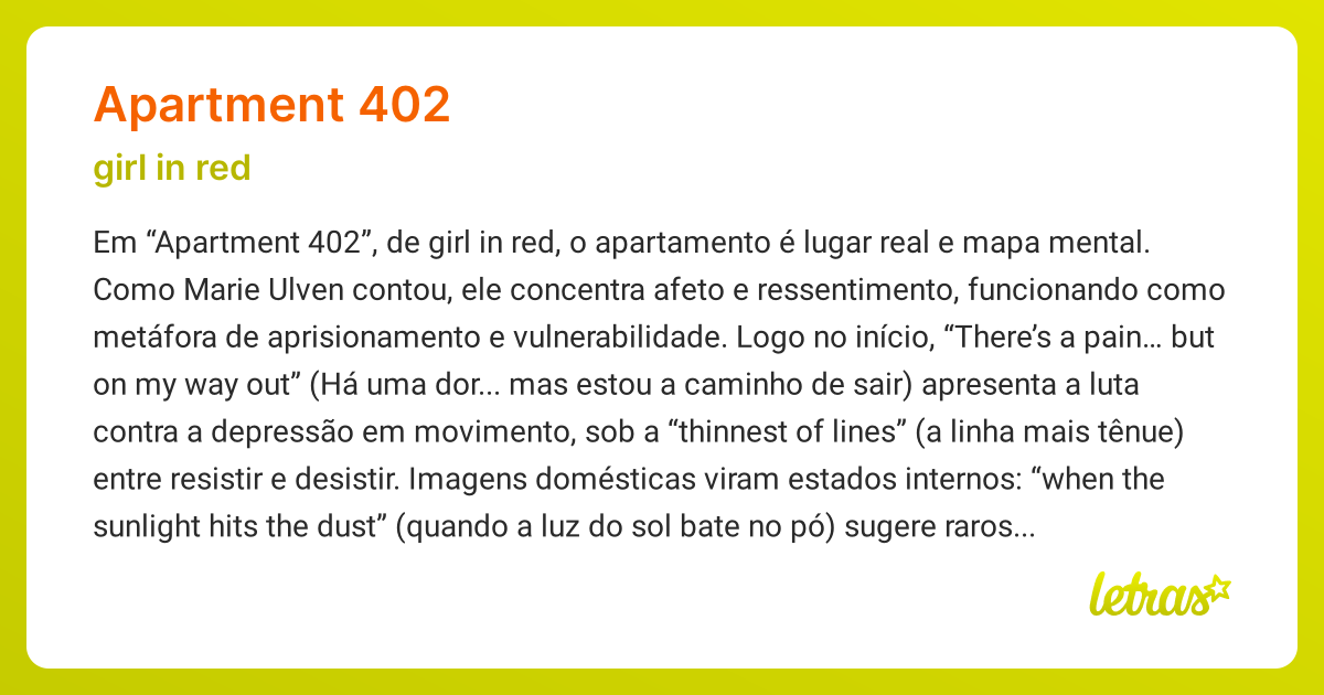 Significado da música APARTMENT 402 (girl in red) - LETRAS.MUS.BR