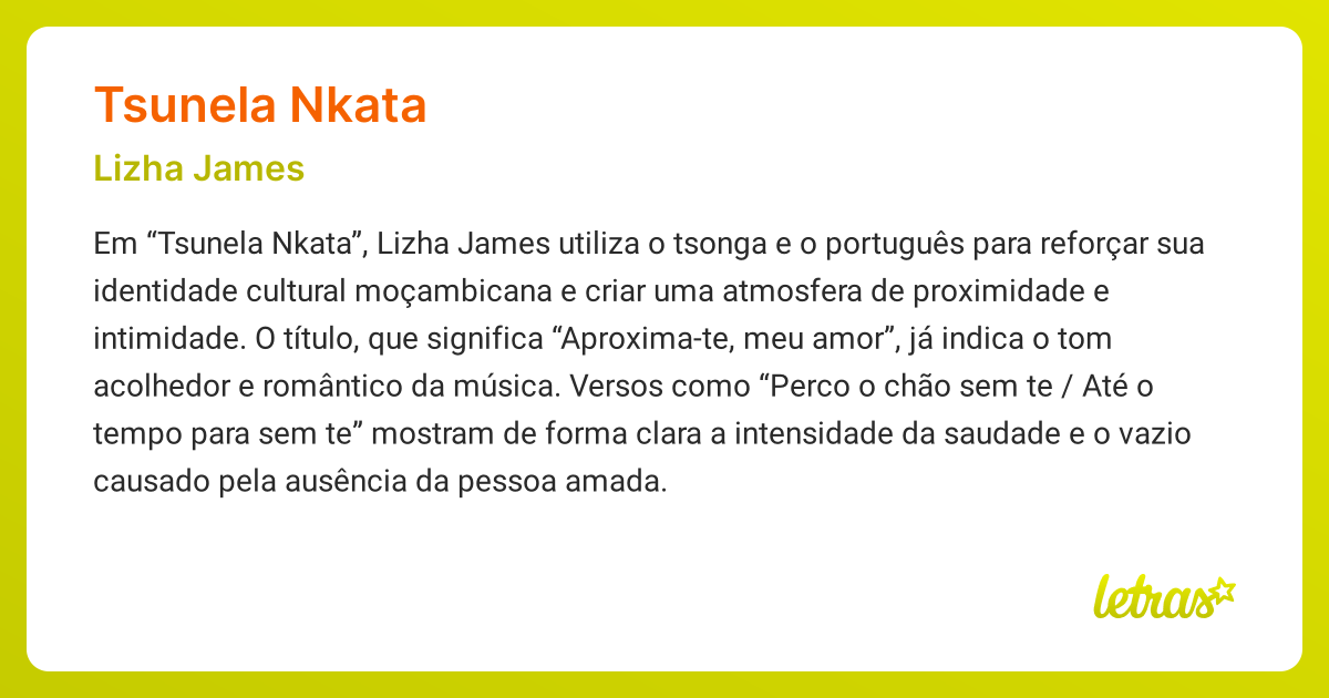 Significado da música TSUNELA NKATA (Lizha James) - LETRAS.MUS.BR