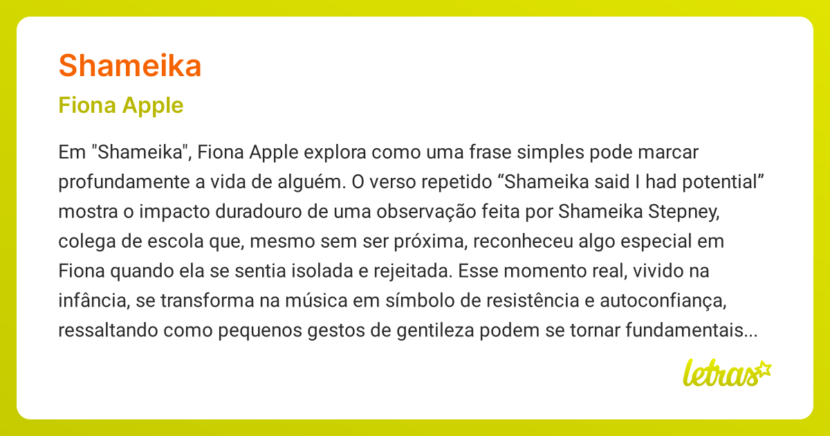 Significado da música SHAMEIKA (Fiona Apple) - LETRAS.MUS.BR