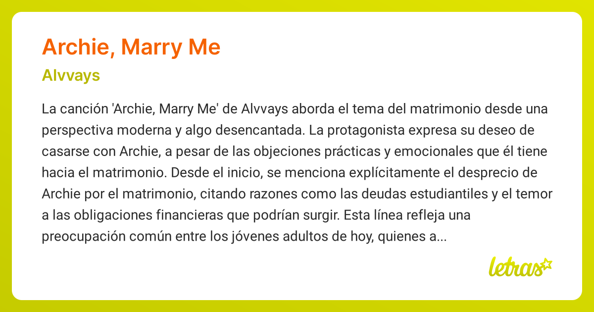 Significado de la canción ARCHIE, MARRY ME (Alvvays) - LETRAS.COM