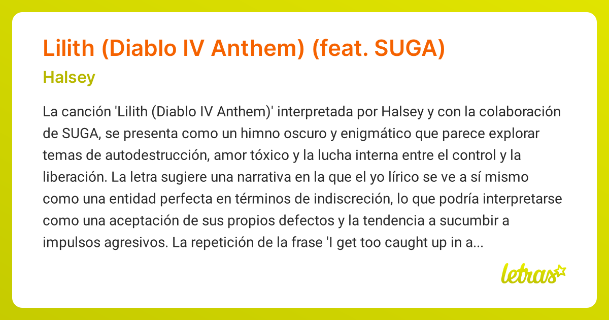 Significado de la canción Lilith (Diablo IV Anthem) (feat. SUGA ...