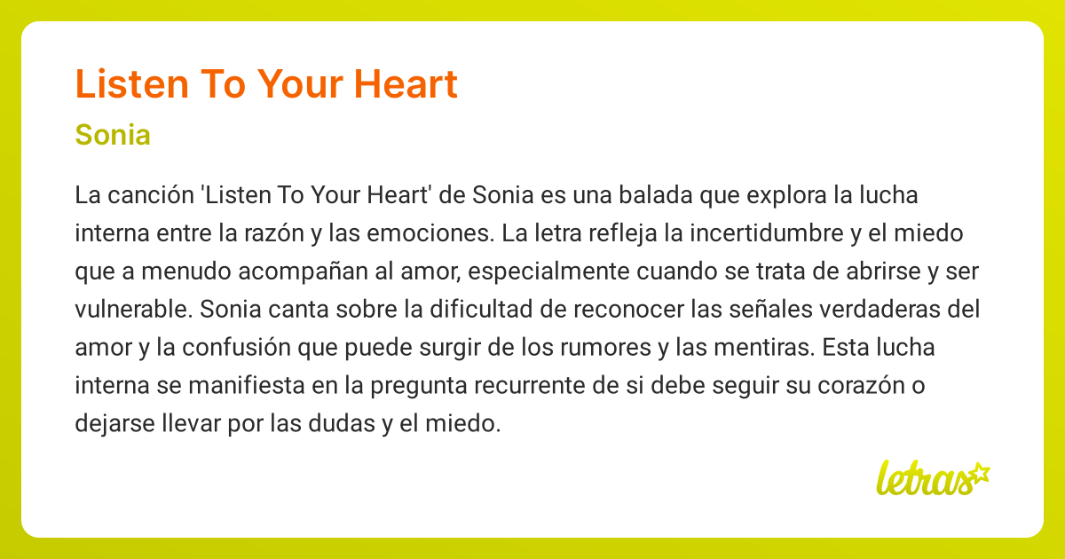 Significado de la canción LISTEN TO YOUR HEART (Sonia) - LETRAS.COM