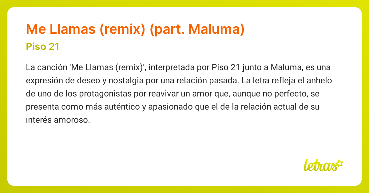 Significado de la canción Me Llamas (remix) (part. Maluma) (Piso 21 ...