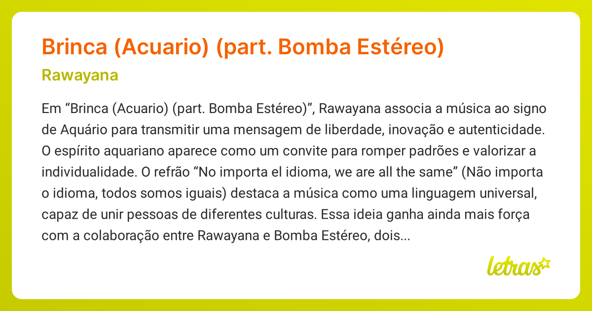 Significado da música Brinca (Acuario) (part. Bomba Estéreo) (Rawayana ...